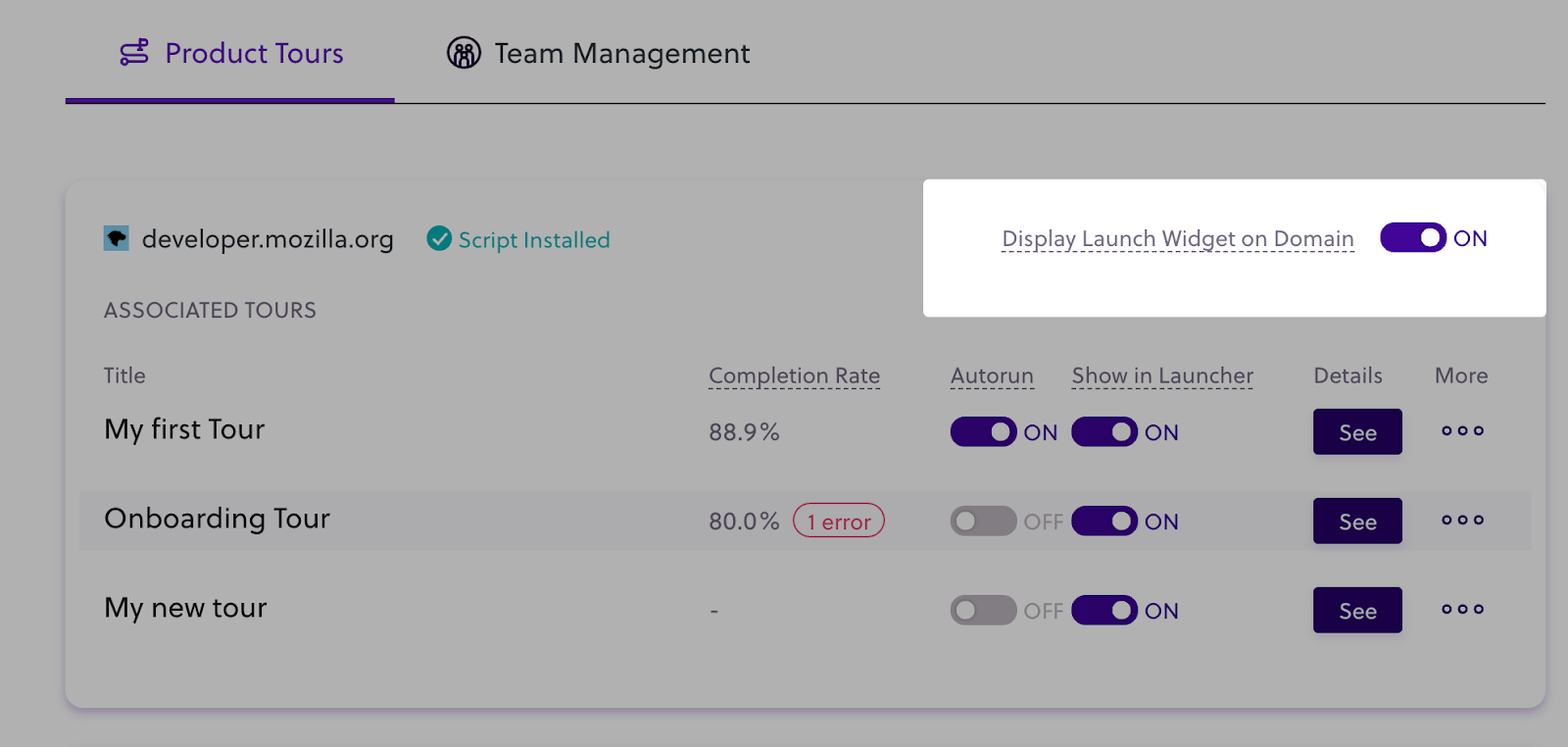 Overview of the product tours launch widget